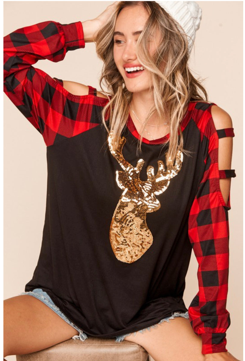 Gold Sequin Reindeer Top w/ Cutout Sleeve – Glam Girls Texas ️